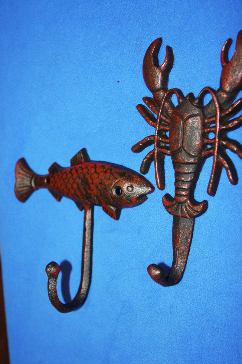 2) Redneck Lobster Towel Hooks Red Bronze Look Cast Iron Fish Wall Hoo ...